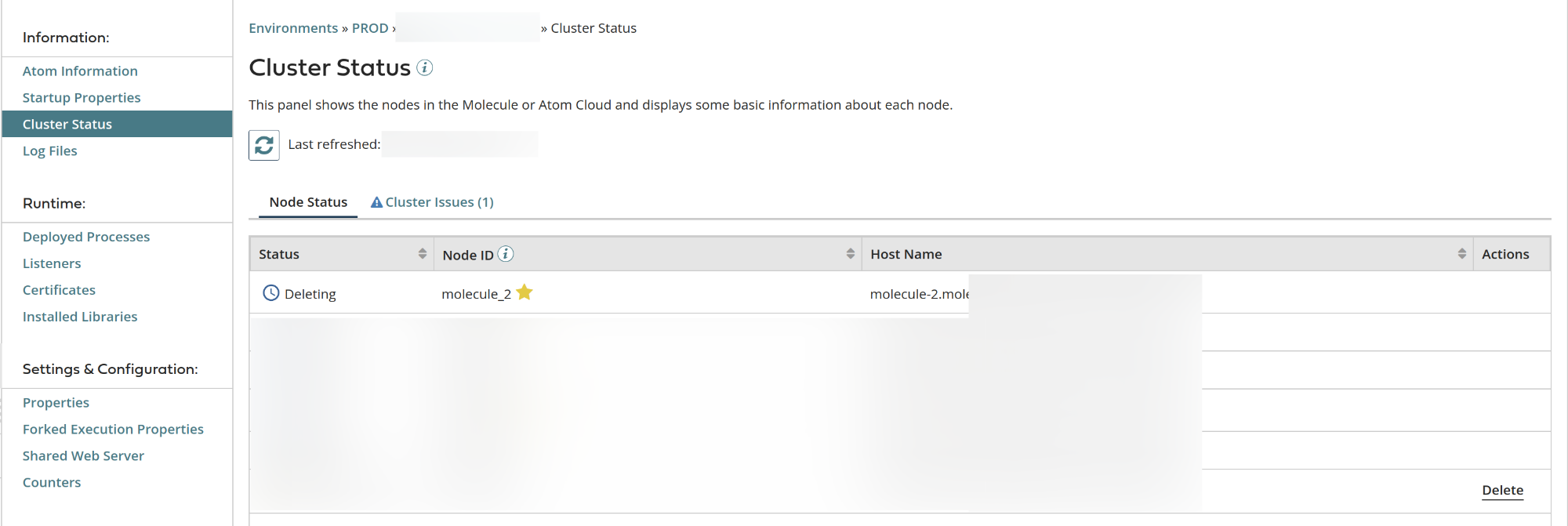 Article: Node Status still shows as Deleting in Cluster table for a node which was already ...