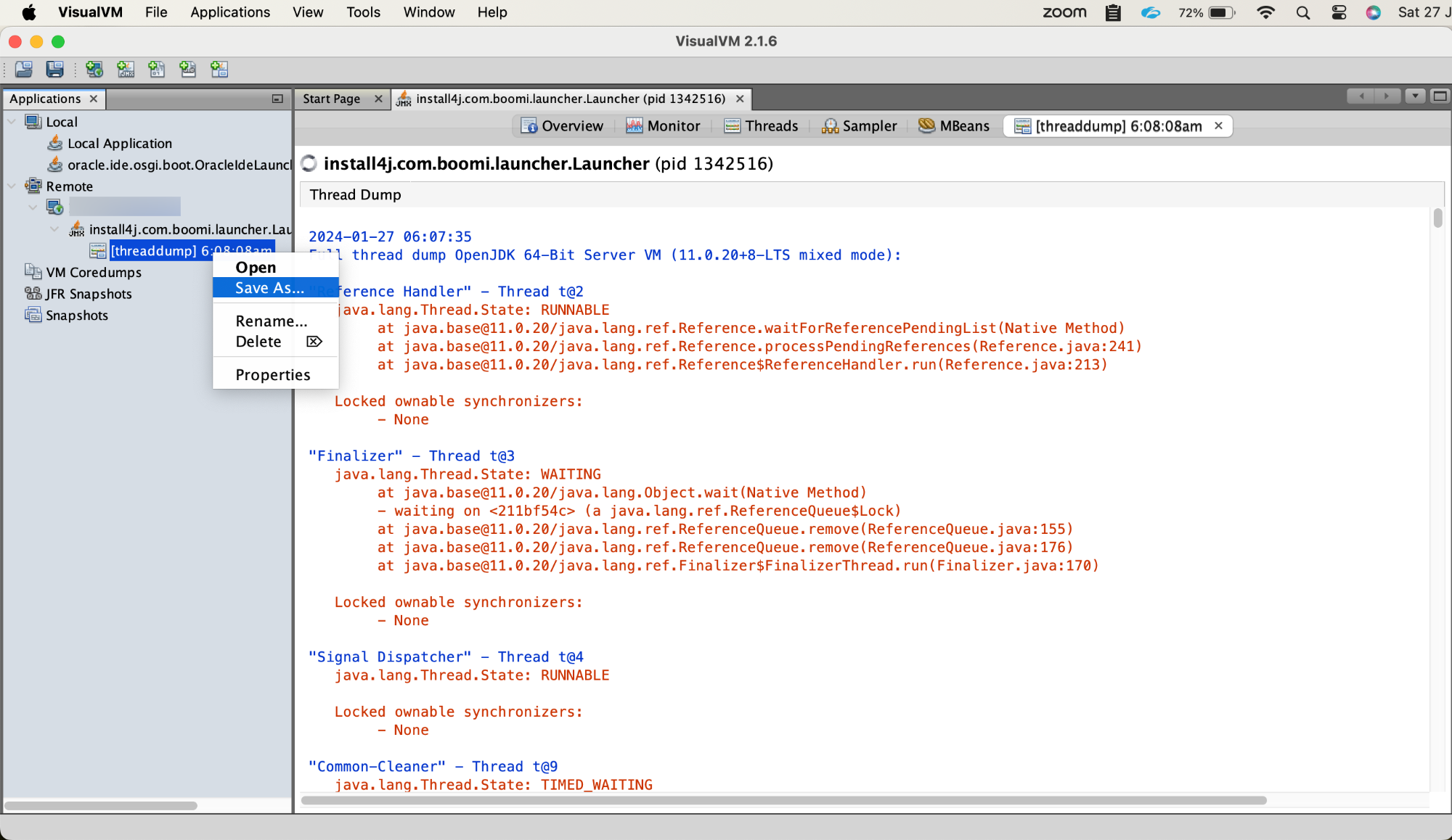 Article: Capture a short thread dump using visualVM for boomi runtime - Boomi Community